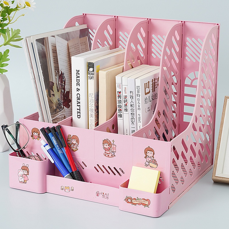 Four layer+pen holder plastic file rack desktop storage file file box ...
