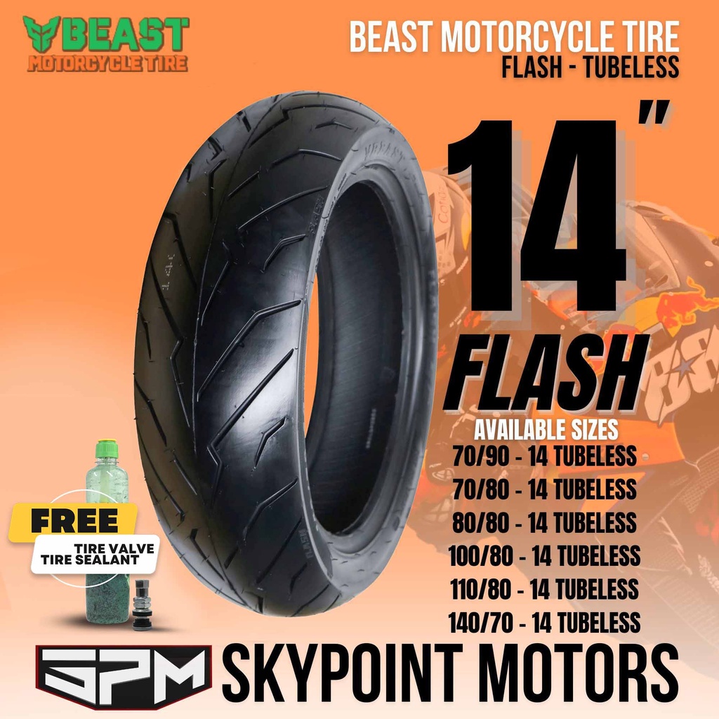 BEAST Tubeless Tire 14 for Motorcycle FLASH 70/80, 70/90, 80/80, 100/80 ...