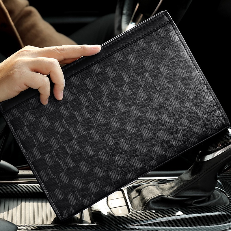 Classic men's office business plaid handbag pu leather fashion clutch ...