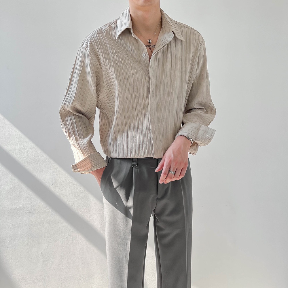 Emw Mens Korean Style Loose Long Sleeve Shirt Striped Pleated Shirt