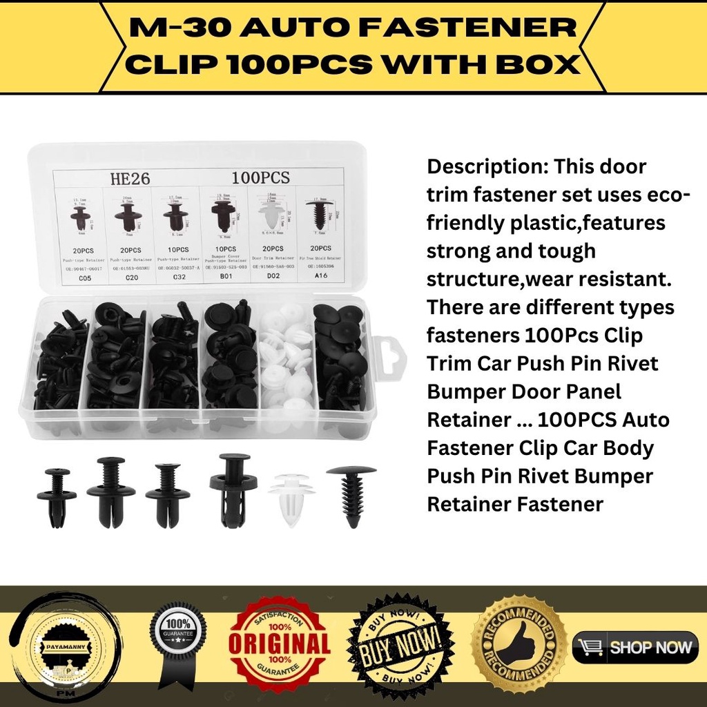PM M-30 Auto Fastener Clip 100pcs/BOX Car Body Push Retainer Pin Rivet ...
