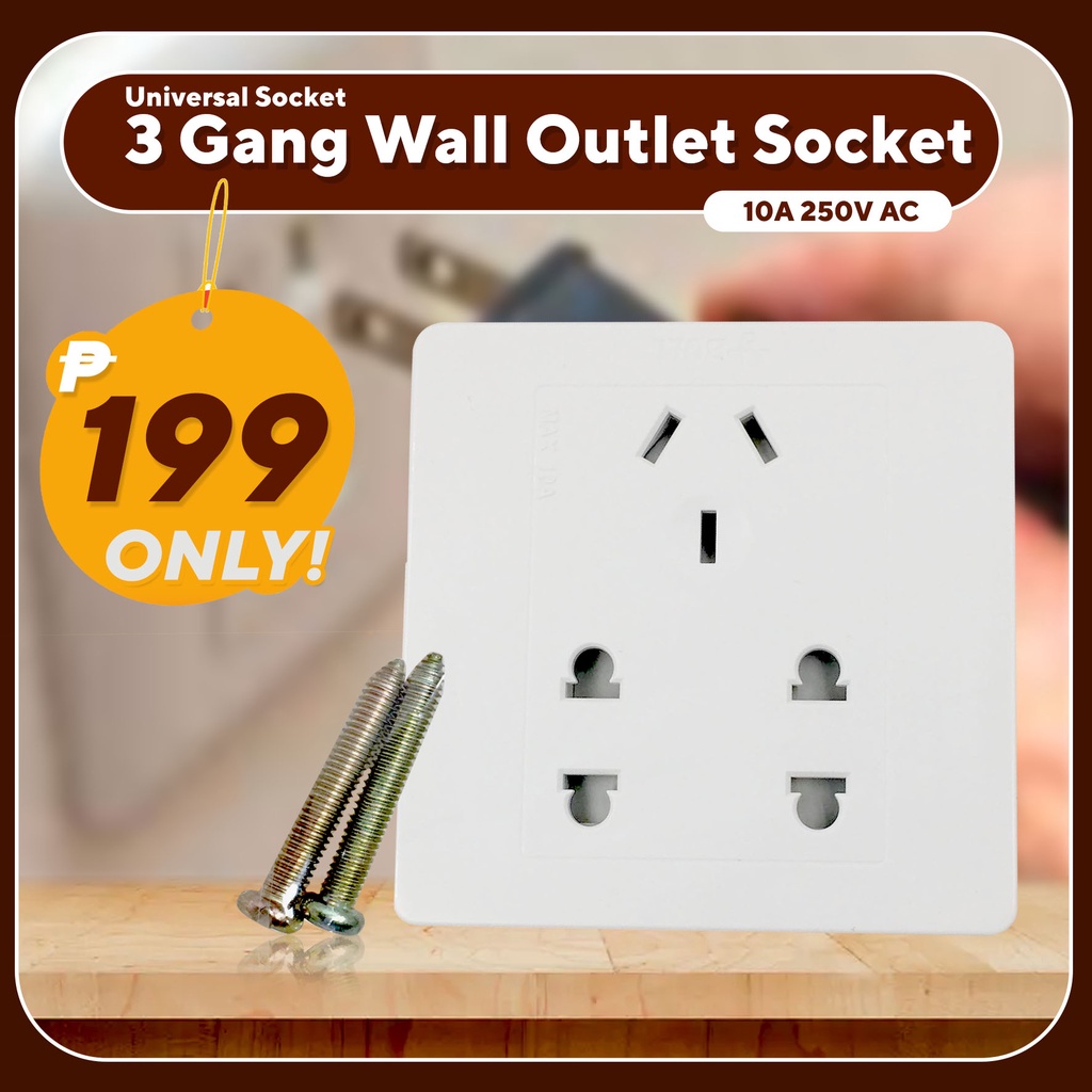 10A 250V AC 3 Gang Plug Wall Outlet Socket Universal Electrical Socket ...