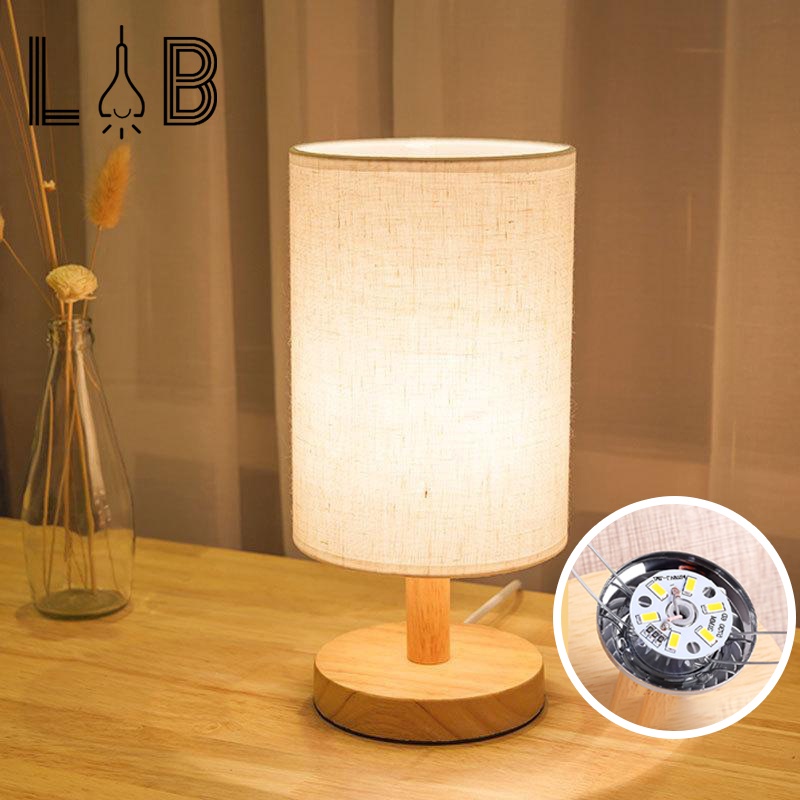LED Fabric Lampshade Table Lamp Modern Solid Wood Base Study Bedside ...