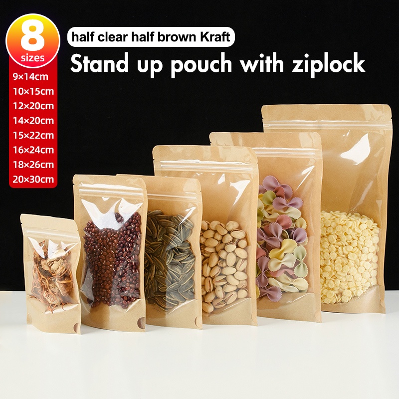 100pcs Half Kraft Paper Half Clear Stand Up Pouch Resealable Packaging ...