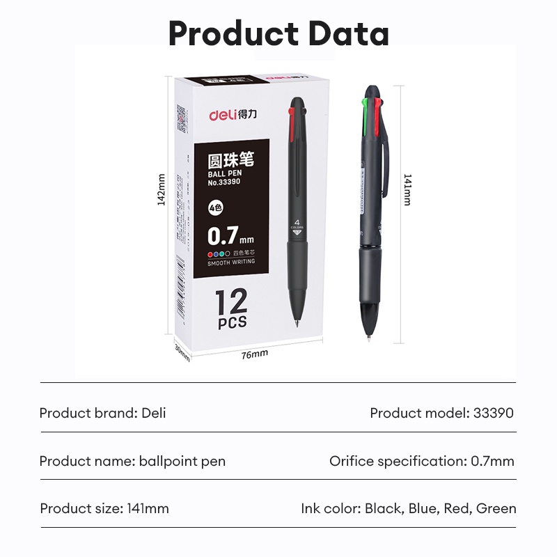 Deli Four-Color Ballpoint Pen Multicolor Ballpen School Supplies 0.7mm ...