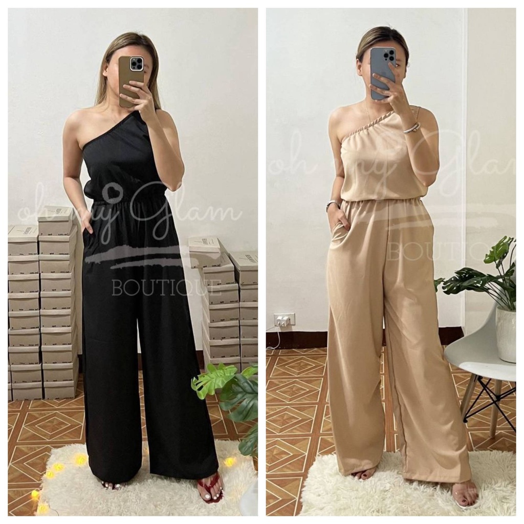 One Sided Shoulder Overall Casual Wide Leg Jumpsuit | Shopee Philippines
