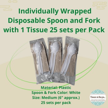 Individually Wrapped Disposable Plastic Spoon & Fork with 1 Tissue 25 ...