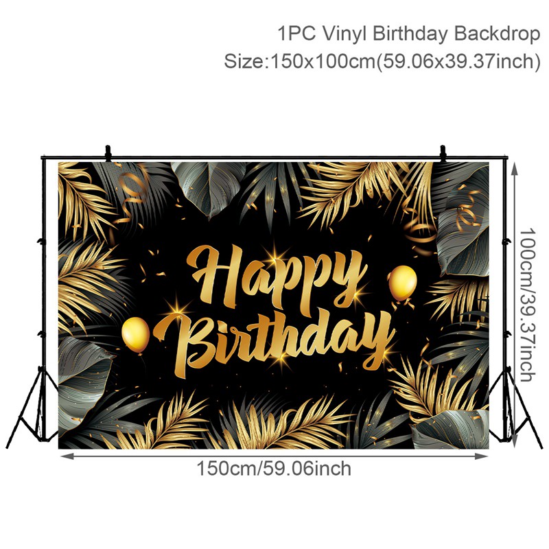 1x1.5M Vinyl Happy Birthday Backdrop Banner Large Black Gold Pink ...