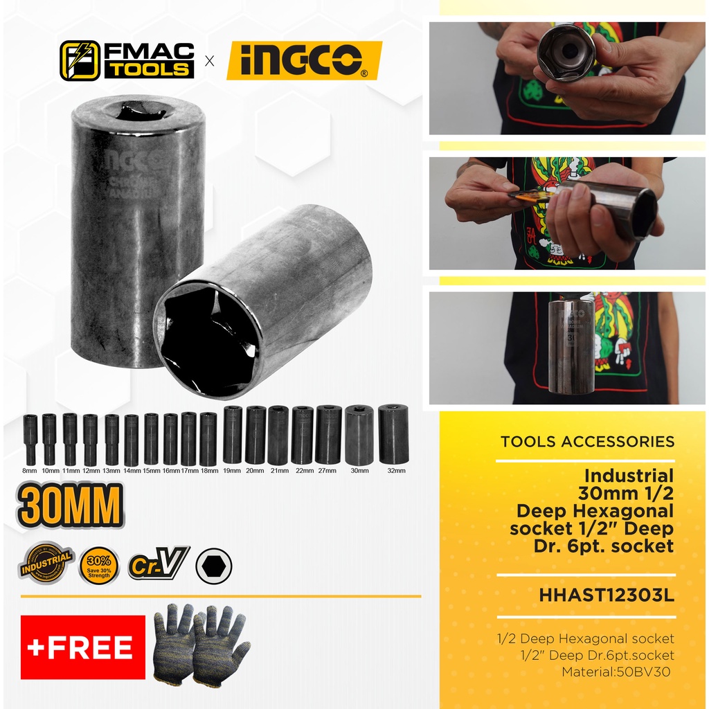 INGCO 30mm 1/2 Deep Hexagonal socket 1/2" Deep Dr. 6pt. socket ...