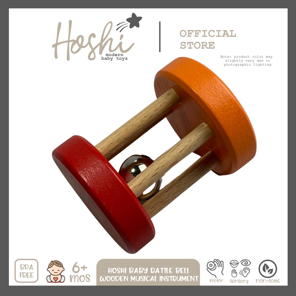 Hoshi Baby Wooden Rolling Rattle Bell Toy, Montessori Wooden Instrument ...