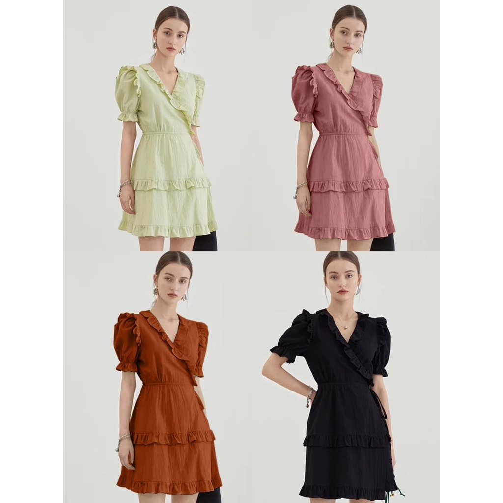 A2981 Miss M Fashion Surplice V-neck Ruffle Garter Waist Solid Dress ...