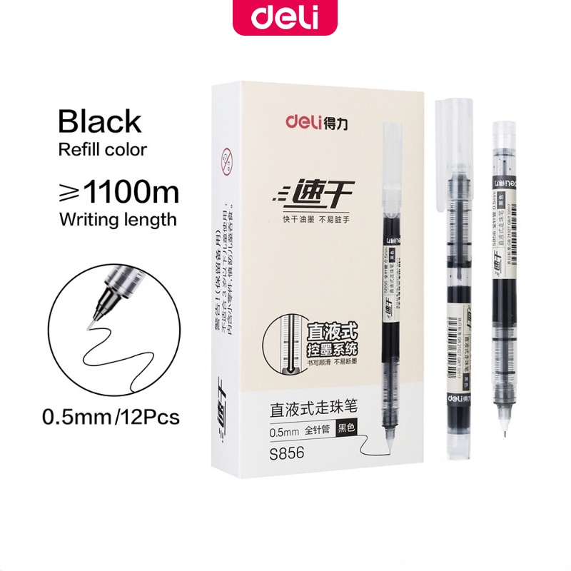 Deli 12Pcs Roller Ball Pen Black Large Capacity Writing Pen Office ...