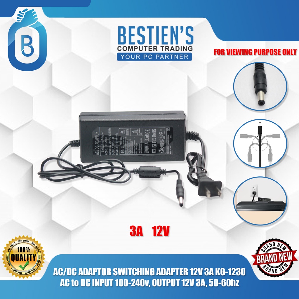 AC/DC ADAPTOR SWITCHING ADAPTER 12V 3A KG-1230, AC to DC INPUT 100-240v ...