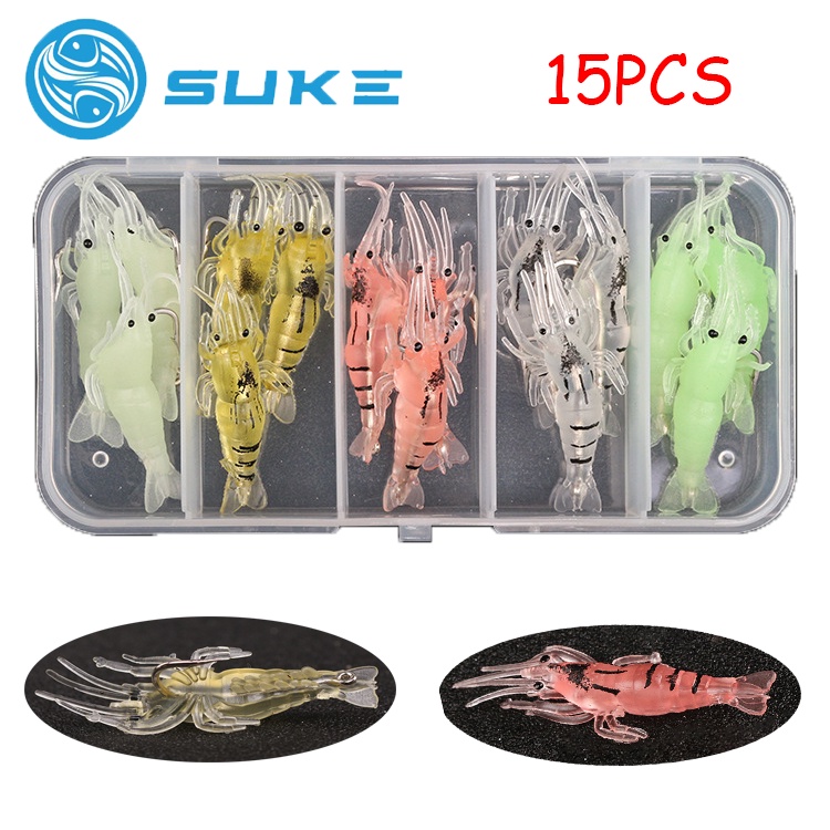 15Pcs Shrimp Lure With Hook and Free Lure Box 5 Color Soft Bait Fishing Lure Artificial Bait ...