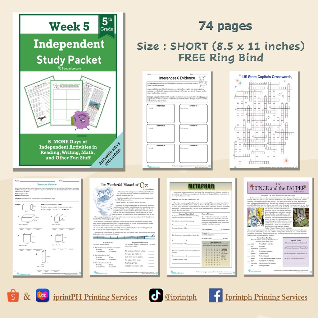 GRADE 5 Independent Study Packet (Worksheets / Workbooks) | Shopee ...