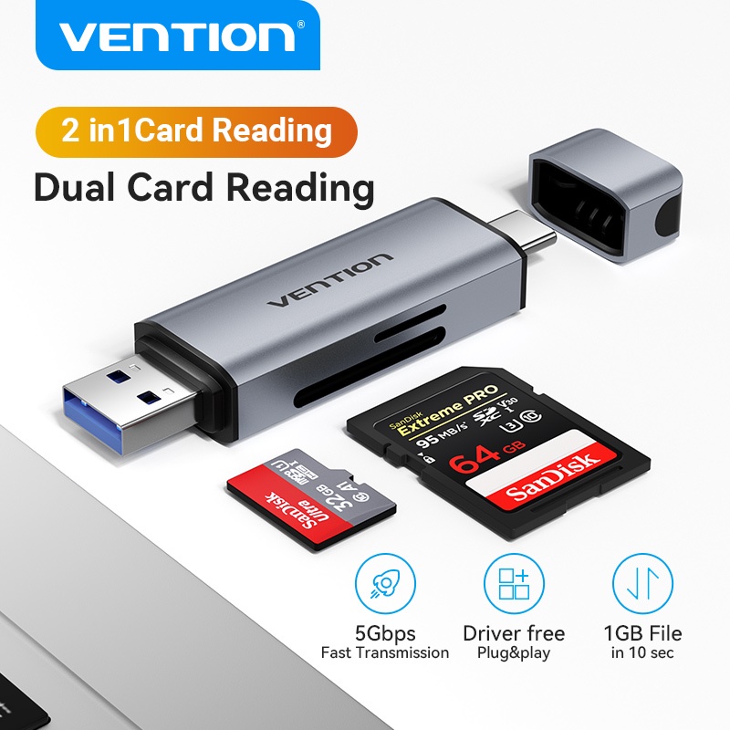 Vention USB 3.0 SD TF Card Reader Dual Ports Support Simultaneous ...