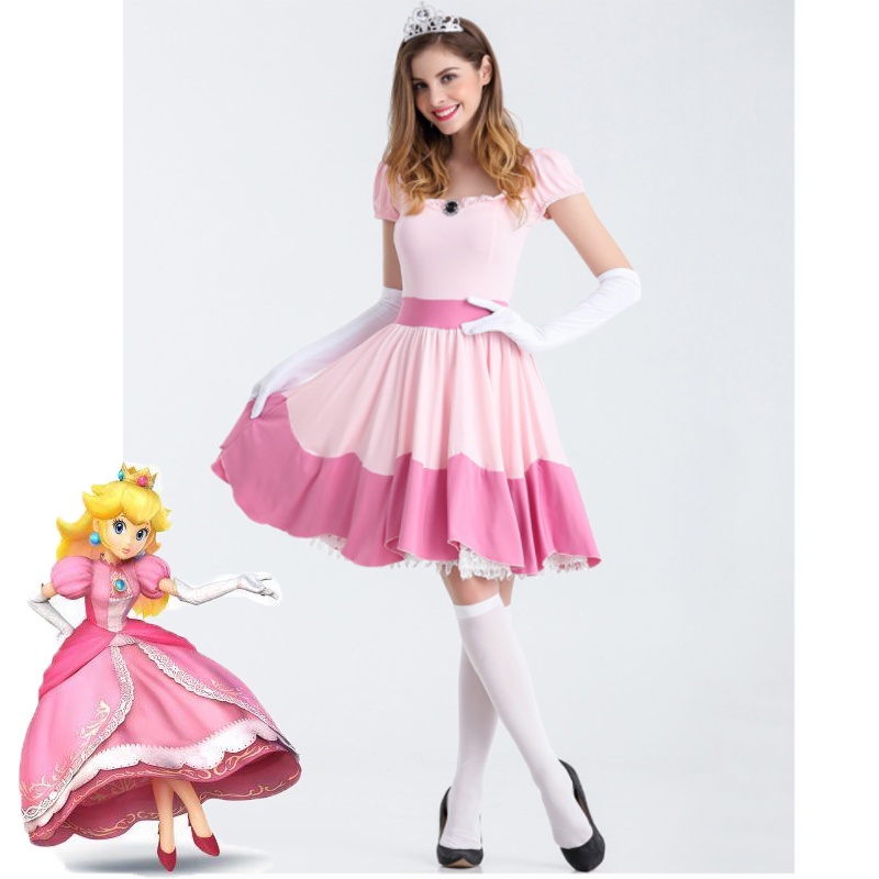 Women Halloween Costume Pink Princess Dresses Game Princess Mary Mario ...