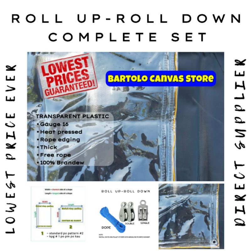 (6ft x 15ft)GAUGE 16 ROLL UP with Pulley and Rope TRANSPARENT PLASTIC ...