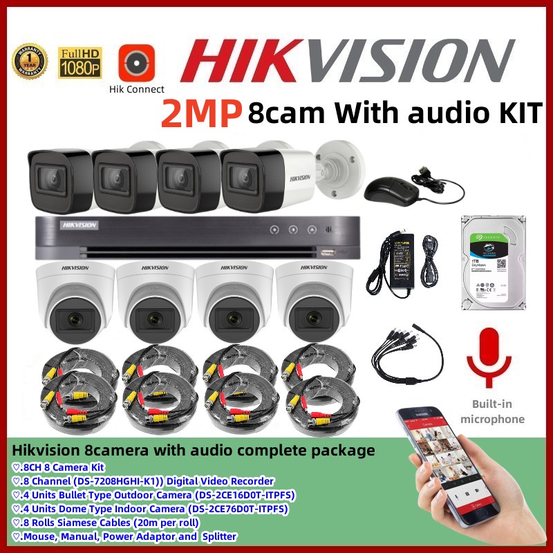 （HOT）Hikvision 4/8camera with audio package 2MP CCTV KIT supports ...