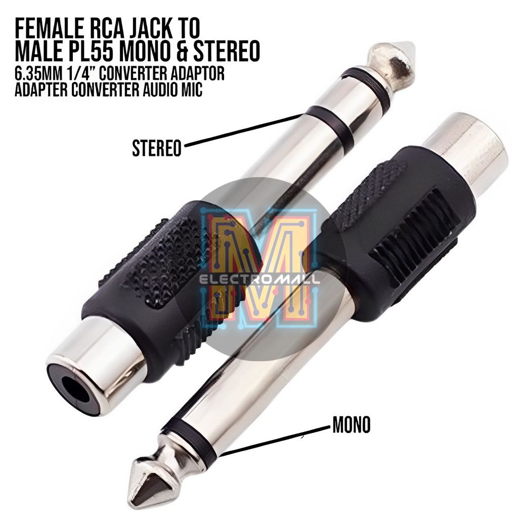 Female RCA Jack To Male PL55 Mono & Stereo 6.35mm 1/4" Connector ...