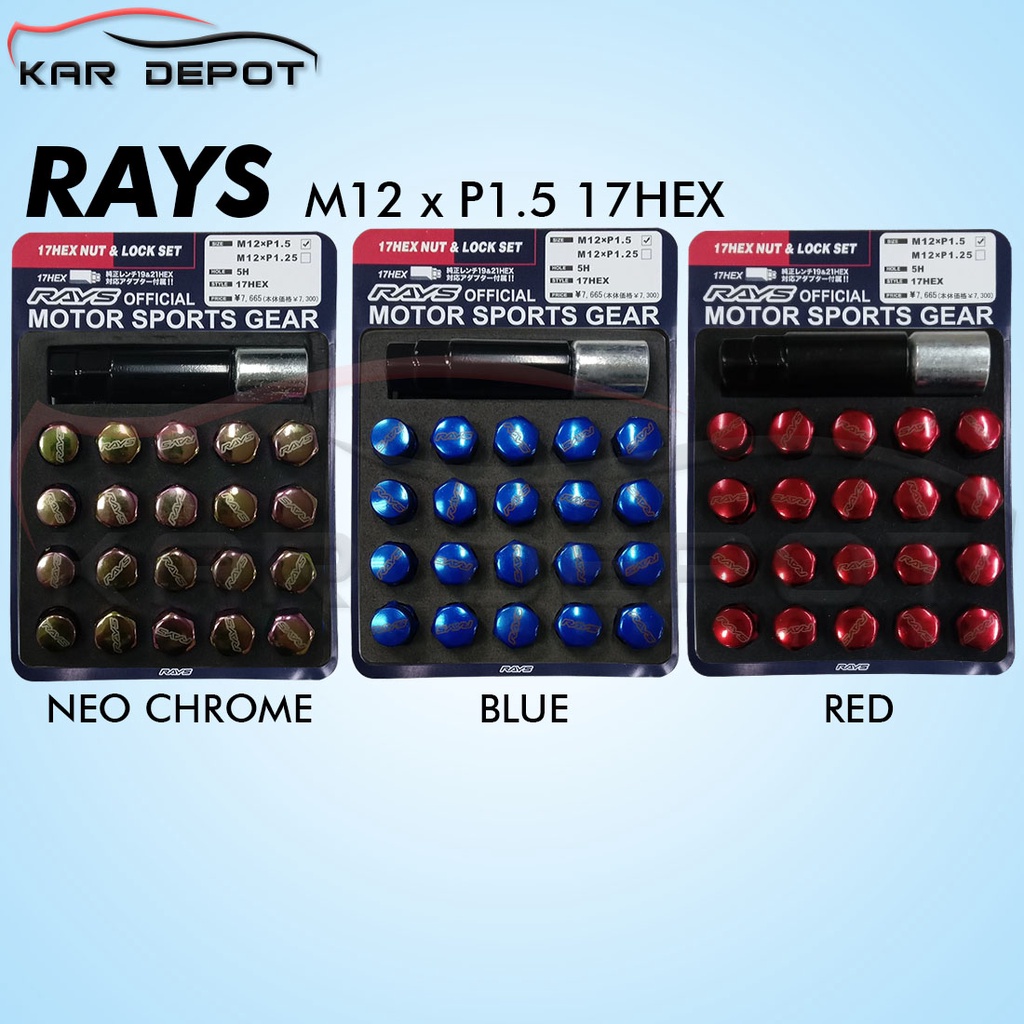 Rays Official 17 Hex Lug nut and Lock M12 x P1.5 20pcs (NEO CHROME/BLUE ...