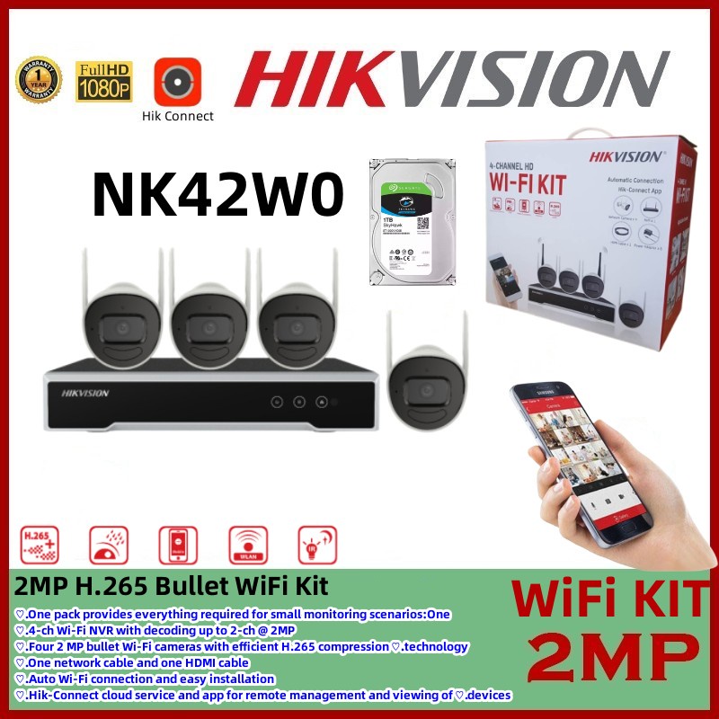 Hikvision 4 camera 2MP H.265 Bullet WiFi Wireless Automatic Connection ...