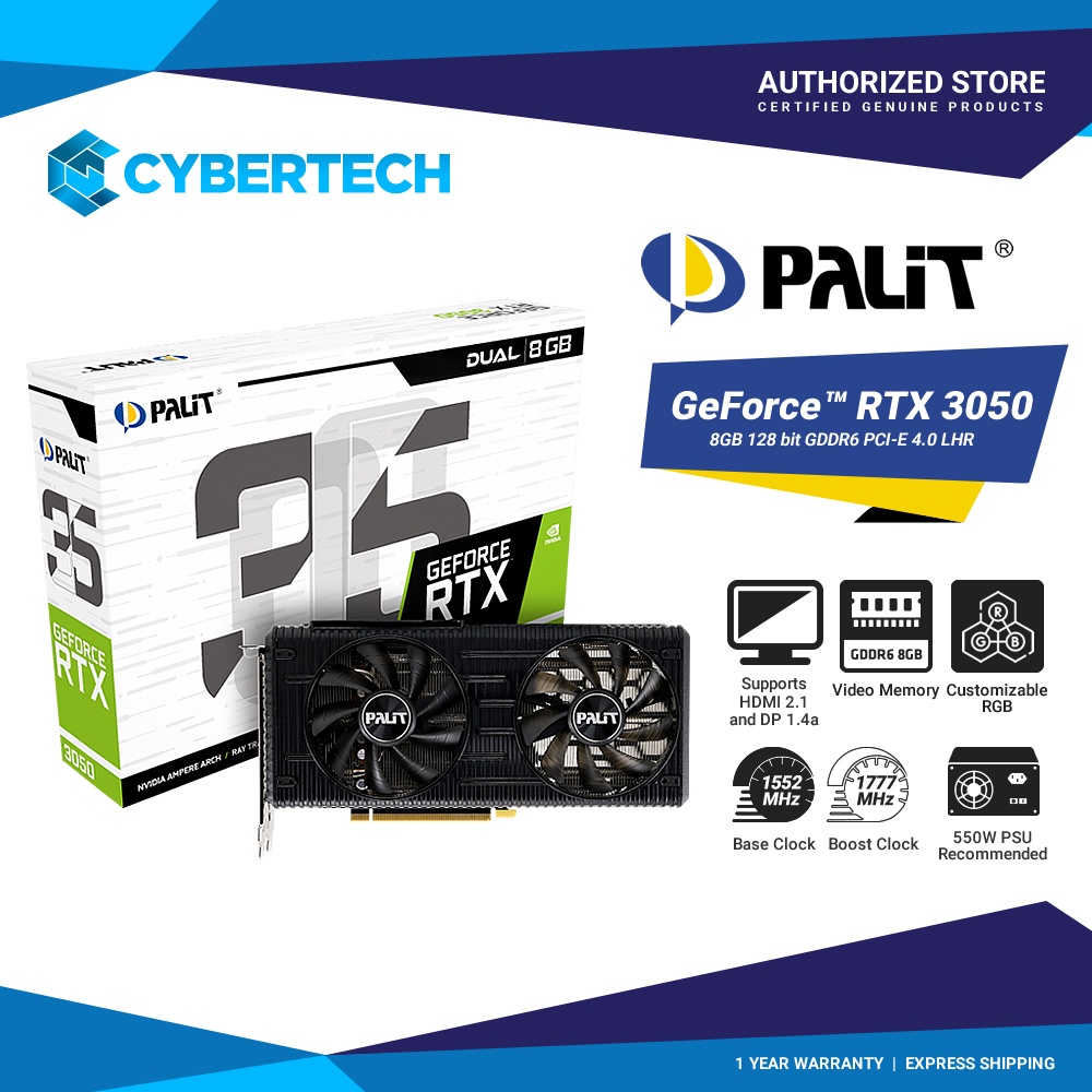 PALIT RTX 3050 Dual 8Gb 128 Bit Gddr6 RGB Lighting VR Ready LHR Gaming ...