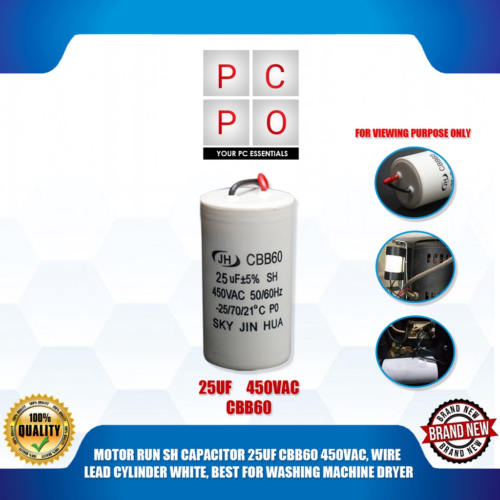 MOTOR RUN SH CAPACITOR 25UF CBB60 450VAC, WIRE LEAD CYLINDER WHITE ...