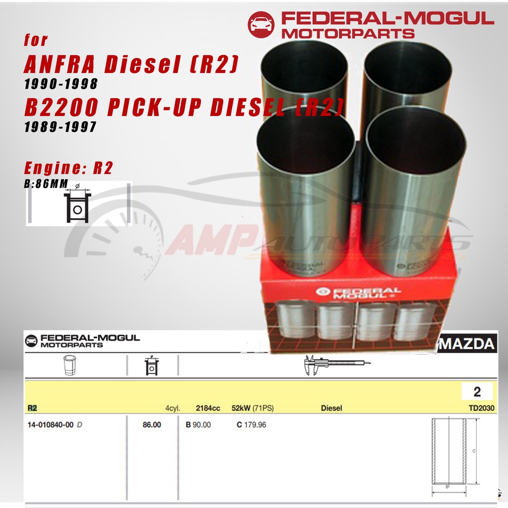 Cylinder Liner Set Fits Mazda B2200 PICK-UP DIESEL R2 / Anfra DIESEL ...