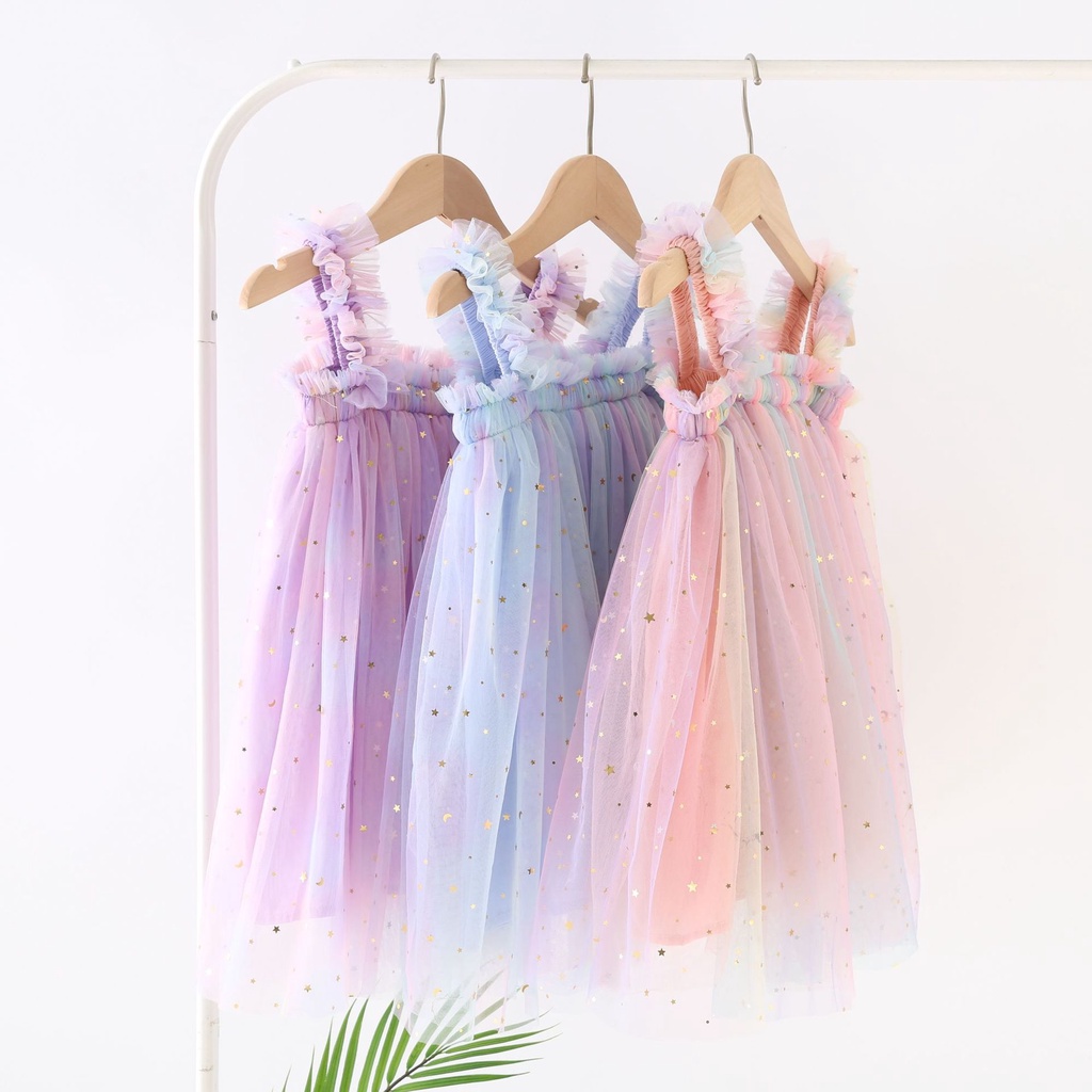 Baby Rainbow Pink Dress Kid Summer Sling Star Mesh dress Baby Girl ...
