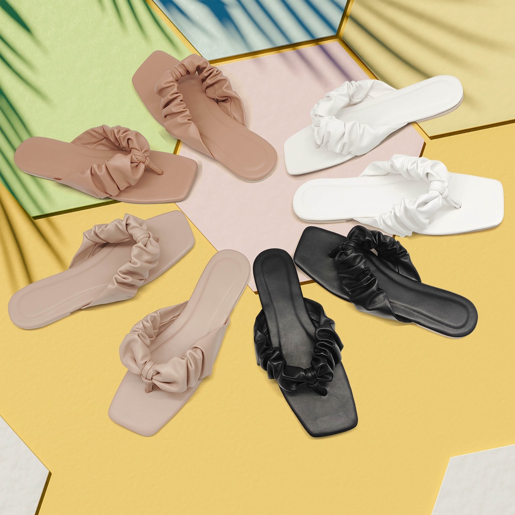 R&A818 Flat Square Toe with Ruched T-Strap Upper Slides (Standard Fit ...
