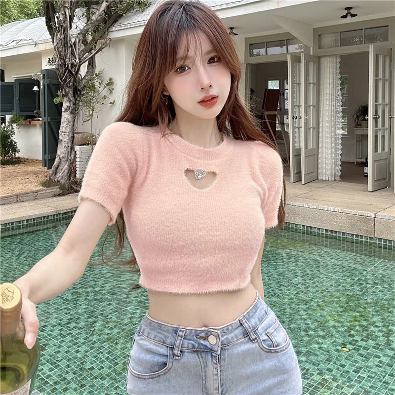 AAA Fur Crop Top Furry Soft Knit Sexy Summer Top Casual Collage Student ...