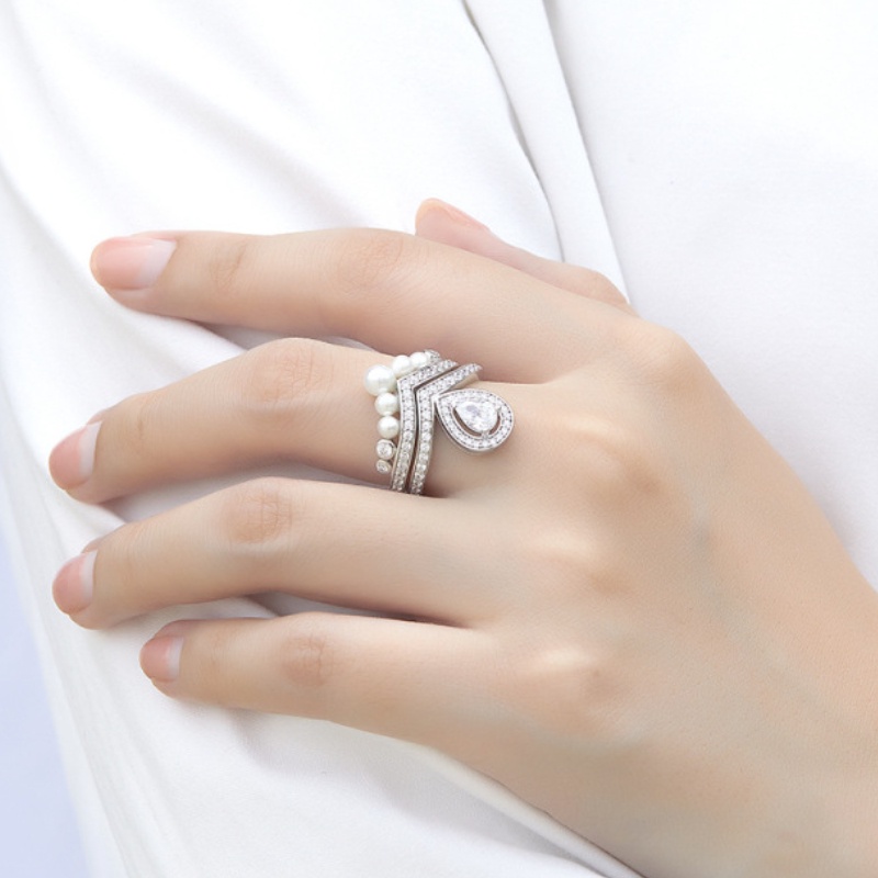 Real Moissanite Diamond Women Ring Drop Cut Pearl Rings Set Engagement ...