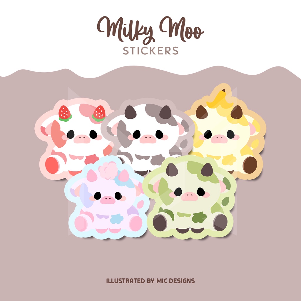 Milky Moo Stickers | Kawaii Cow Sticker Pack (5pcs) | Waterproof ...