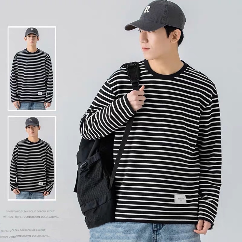 Long Sleeve Men's Striped T-Shirt Crew Neck (M-XL) | Shopee Philippines