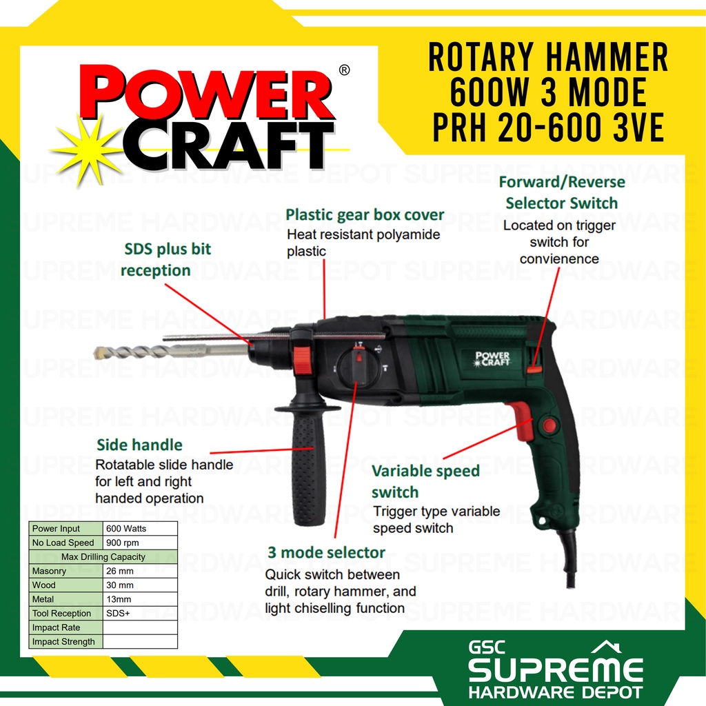 POWERCRAFT Rotary Hammer Drill 20MM 600W PRH 20-6003VE | Shopee Philippines