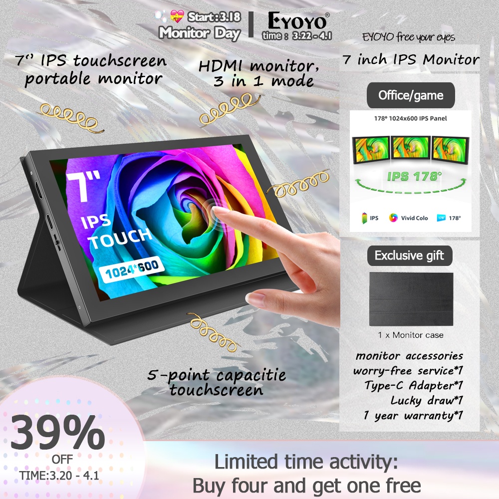 Eyoyo 7 inch 1024x600 IPS Portable Monitor, 5-Points Capacitive ...