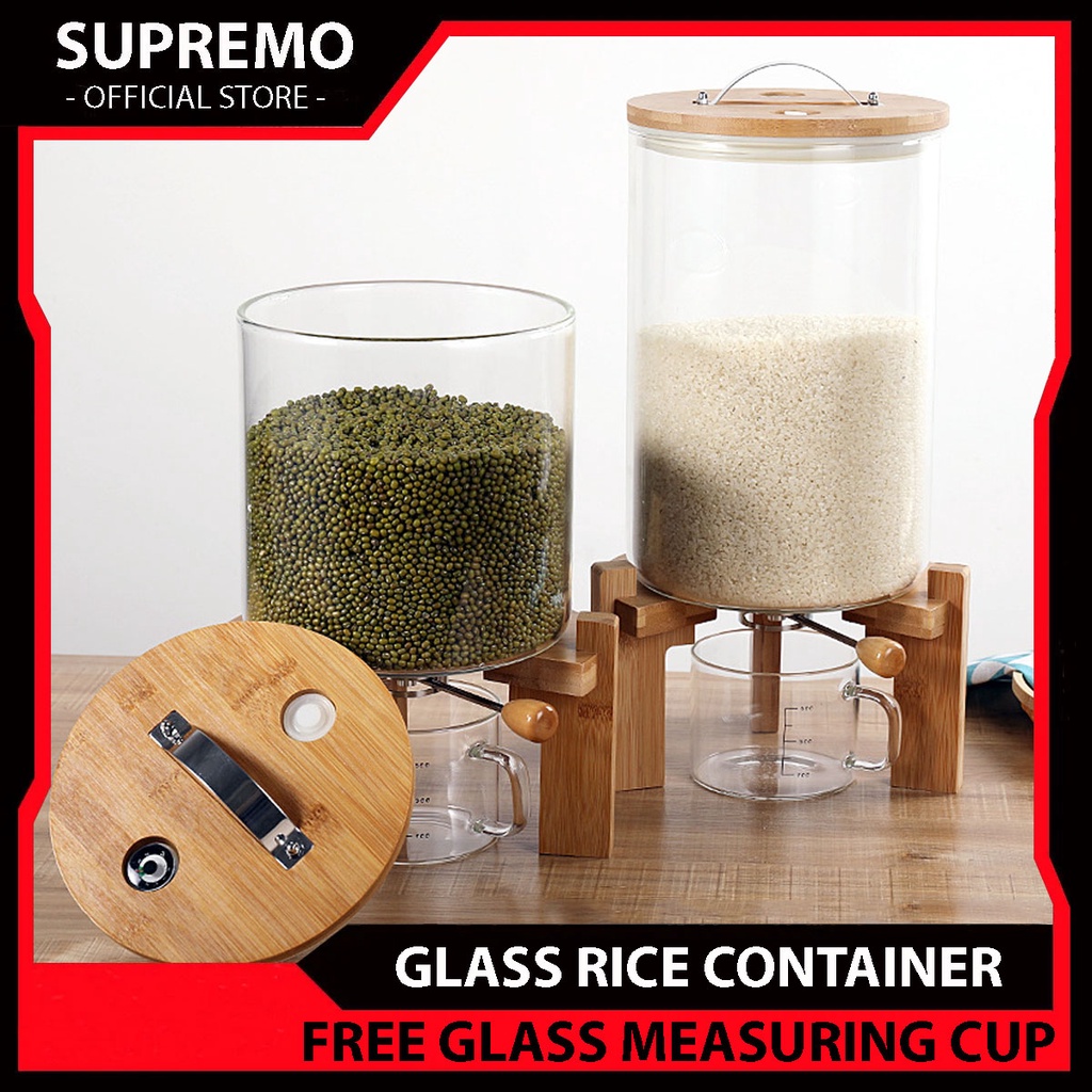 Glass Rice Dispenser [ FREE GLASS MEASURING CUP ] Grains Storage Food ...