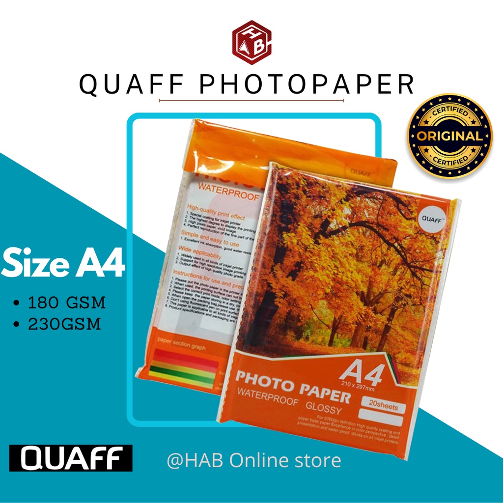 Quaff Glossy Inkjet Photo Paper A4 230gsm or 180gsm 20 Sheets Pack | Shopee Philippines