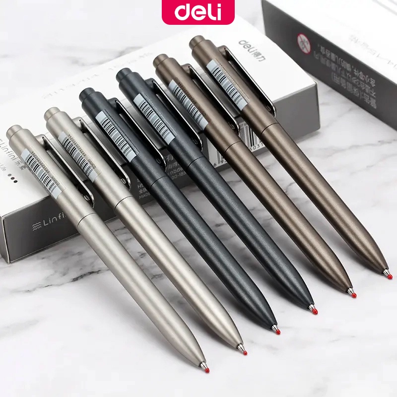Deli A12 Metal Press Gel Pen 0.5mm Black Ink Smooth Writing Pen Office ...