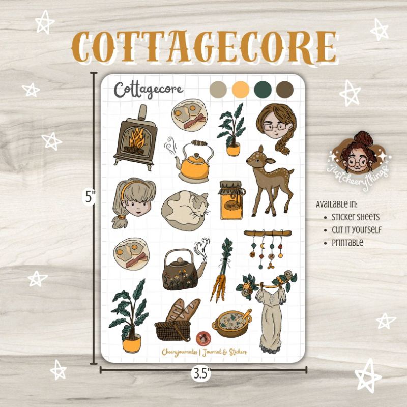 Cottagecore Girl Cute Kiss Cut Sticker Sheet 3.5 x 4.9" for Journal ...
