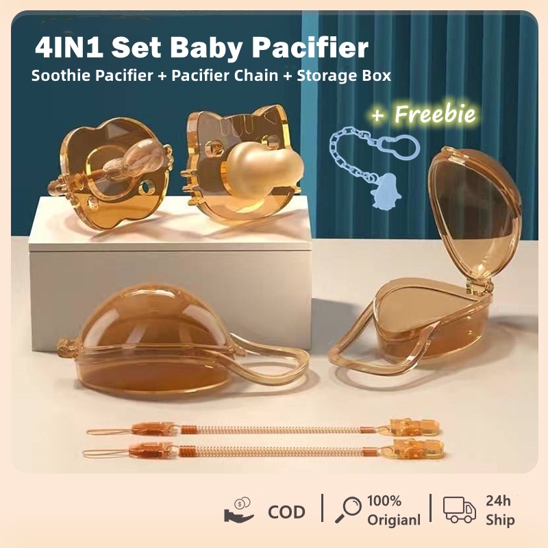 4 In 1 Portable Baby Pacifier Set Anti-drop Chain Nipple Box Silicone ...