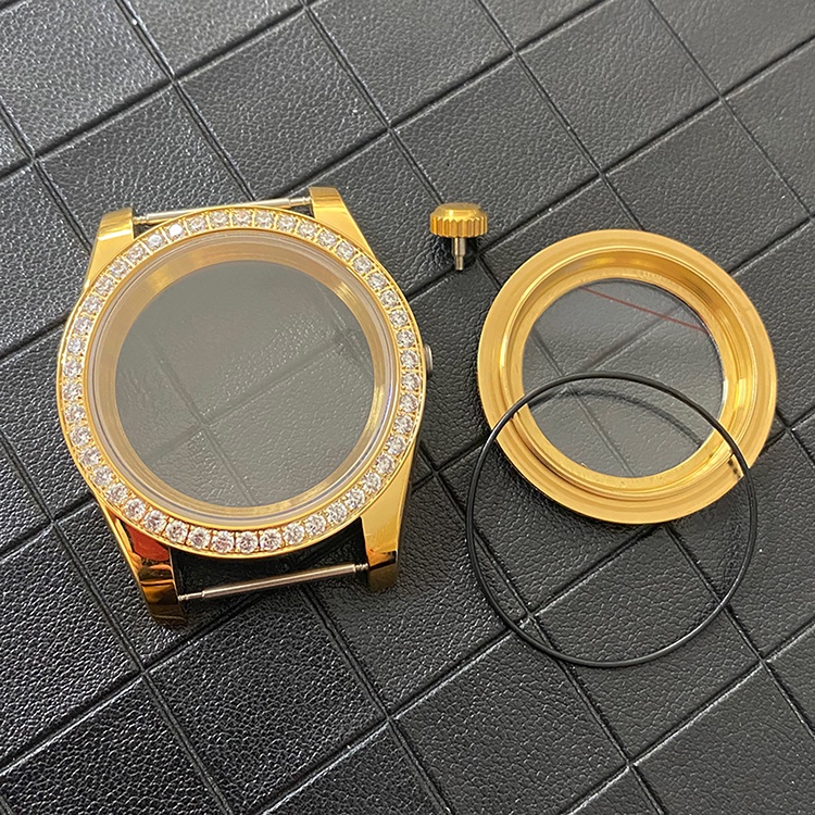 39MM Watch Case Glass Watch Strap Golden Stone-Set Steel Case Sapphire ...