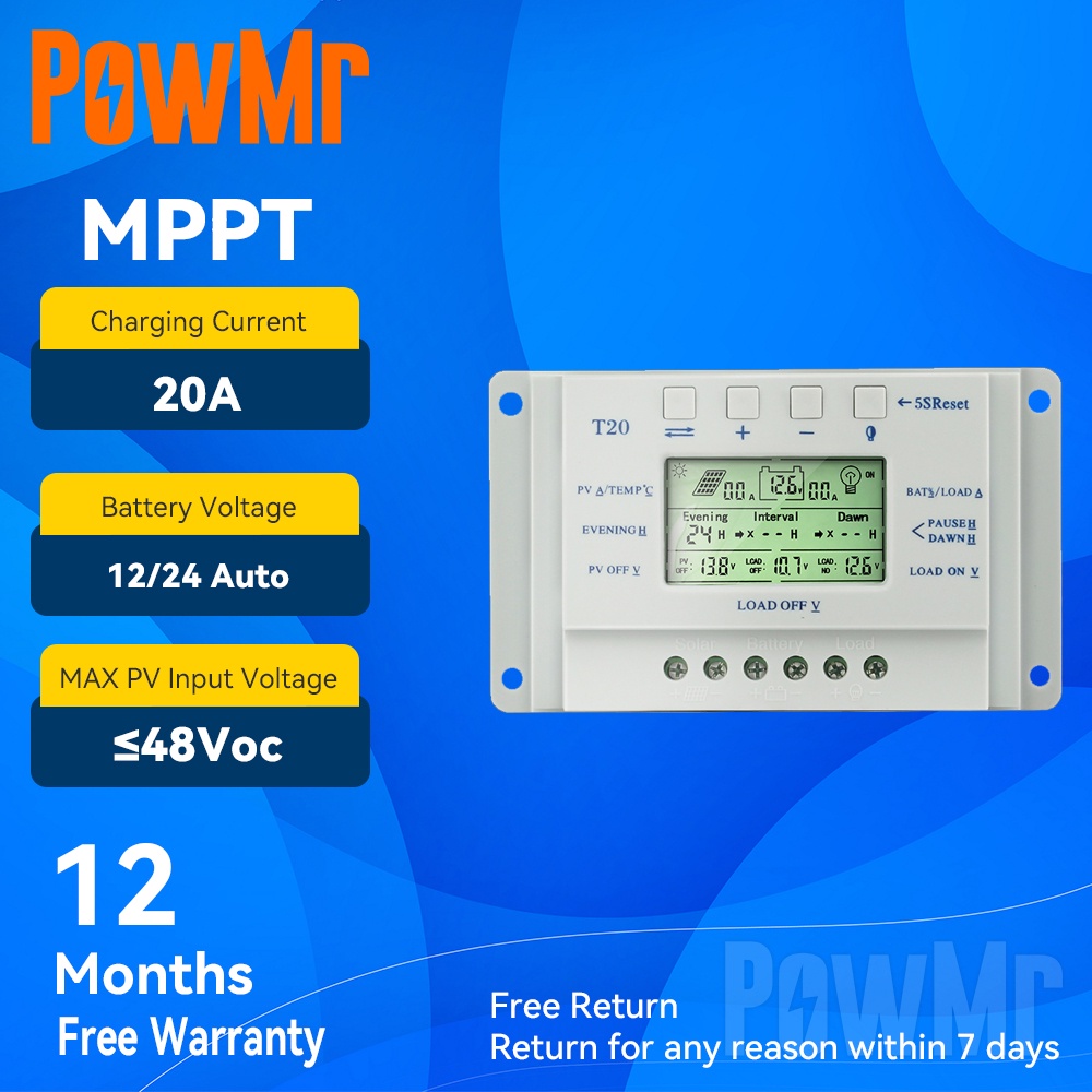 PowMr MPPT 20A Solar Charge Discharge Controller Regulator USB LCD 12V 24V Charge Dual Timer ...