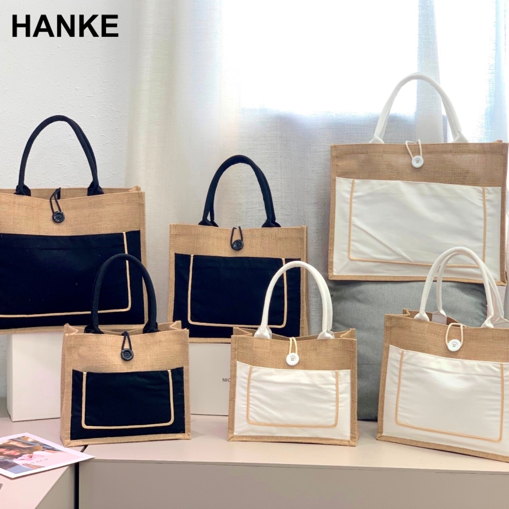 HANKE Abaca Burlap Tote Bag With Pocket Women's Shoulder Bag Oversized ...