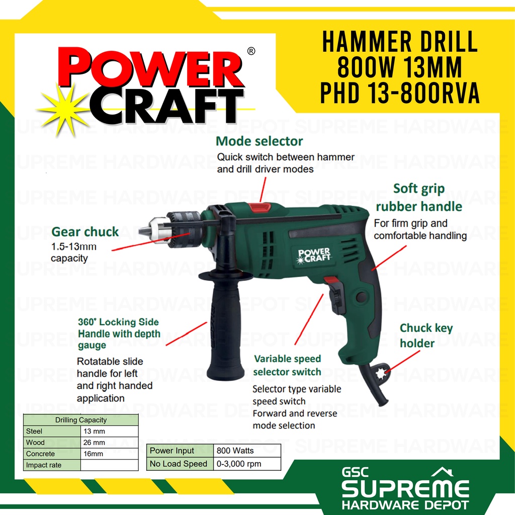 Powercraft Impact Hammer Drill 13mm 800W PHD 13-800RVA | Shopee Philippines