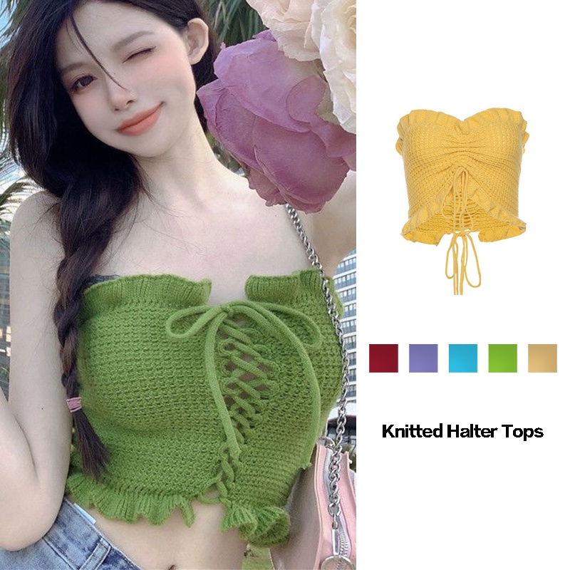 【Ready Stock】Korean Knitted Halter Top Sexy Lace Up Drawstring ...