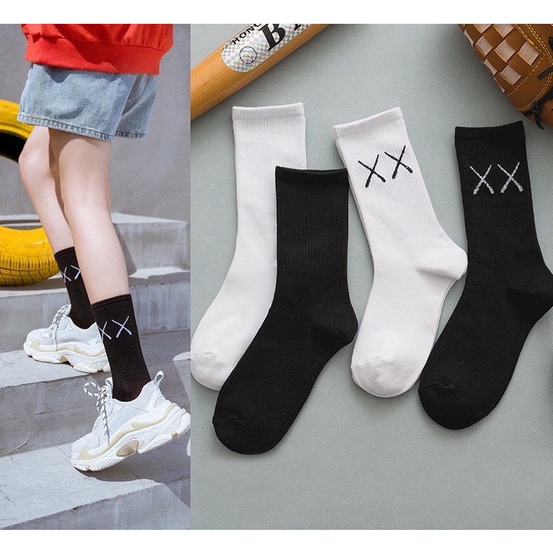 5 pairs a bag Punk Plain Cross Black White Knee-High Mid-calf Length ...