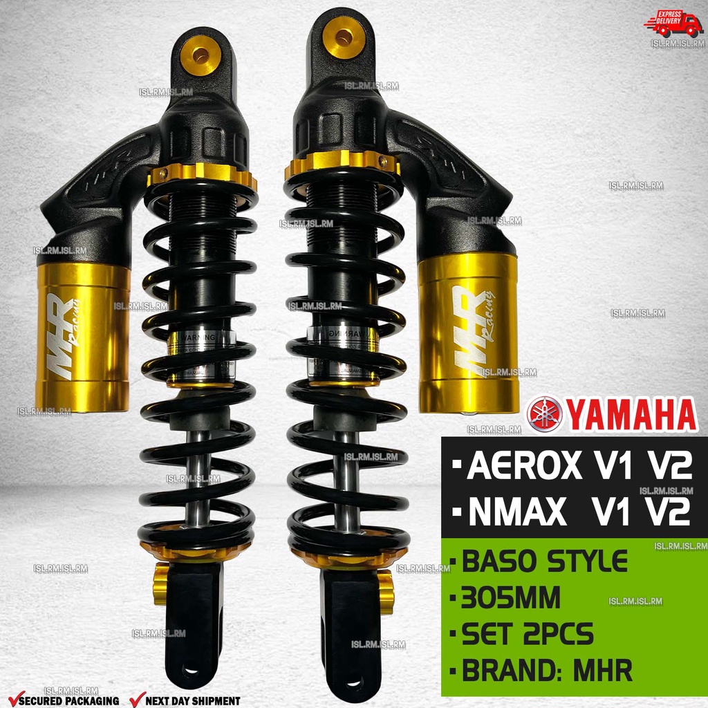 Yamaha NMAX AEROX V1 V2 Rear shock absorbers 2pcs with Baso style GOLD BLACK 305mm MHR brand ...