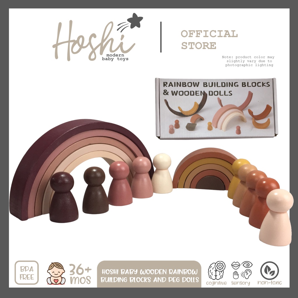 Hoshi Baby Wooden Rainbow Building Blocks & Pegs Montessori Wooden ...